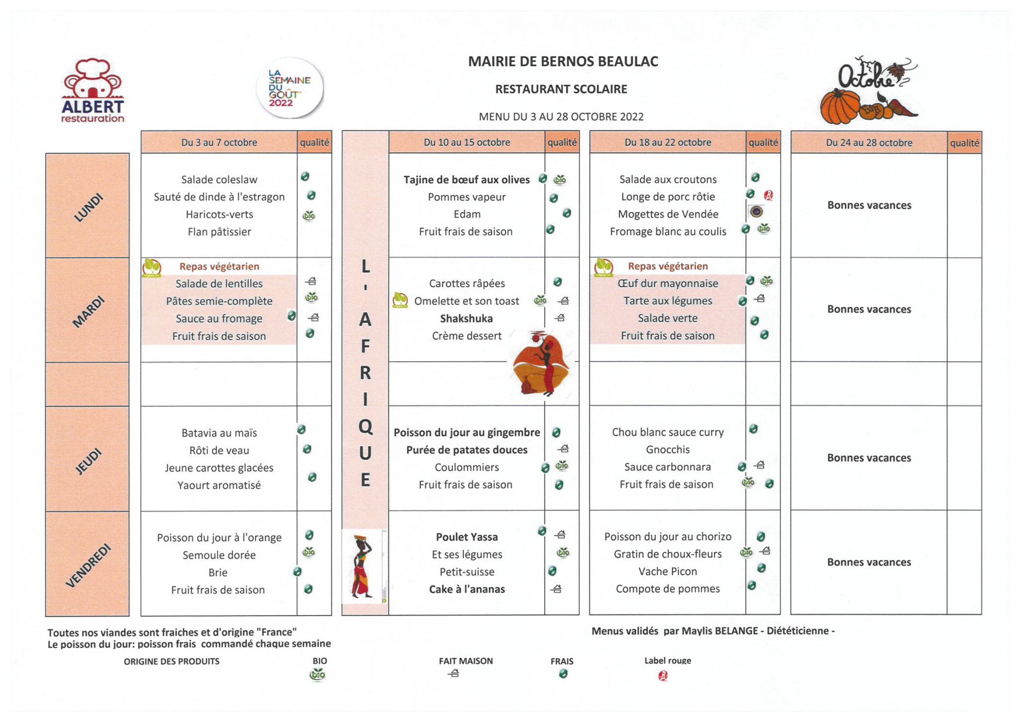 Menu du 3 au 21 octobre 2022 - Mairie de Bernos-Beaulac