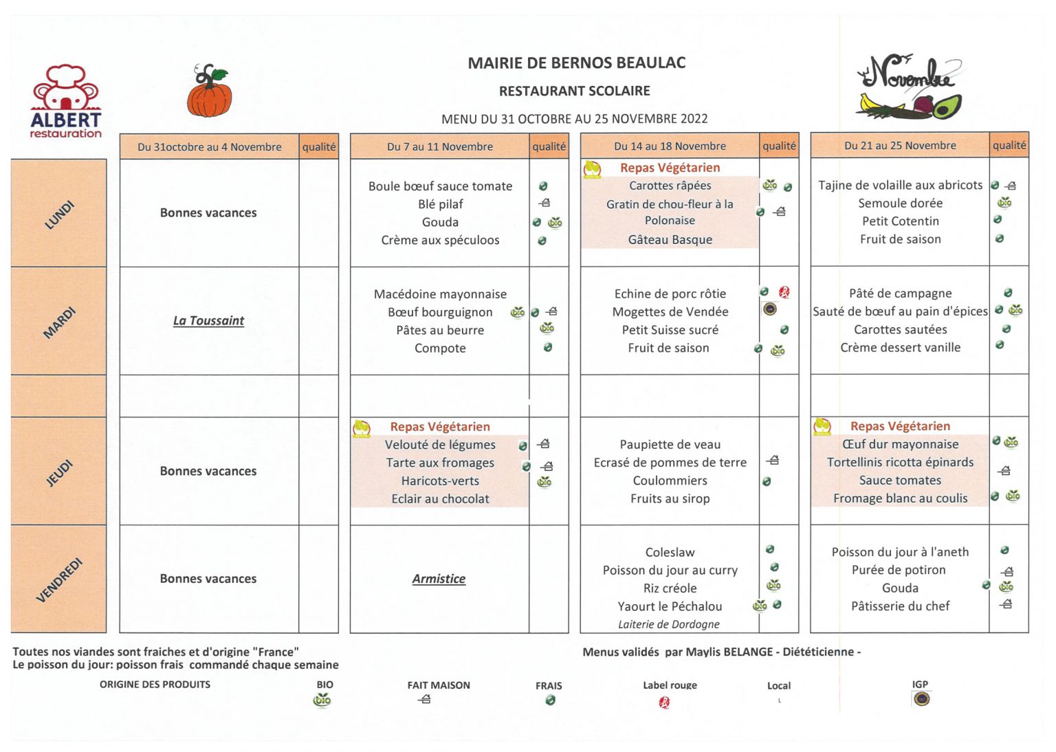 Menu du 7 au 25 novembre 2022 - Mairie de Bernos-Beaulac